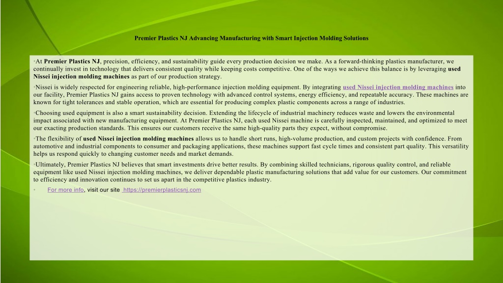 PPT - Premier Plastics NJ Advancing Manufacturing with Smart Injection ...