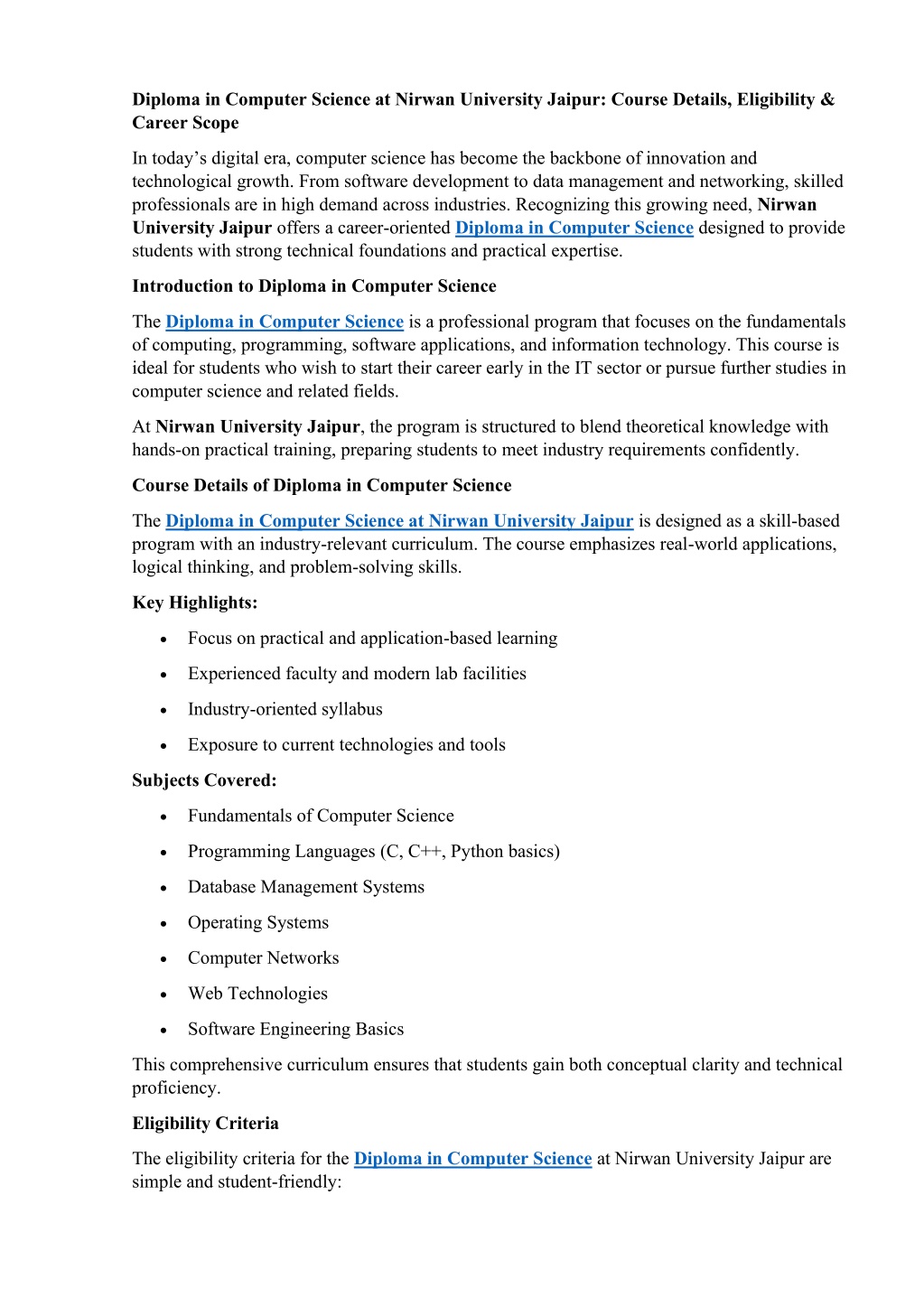 PPT - Diploma in Computer Science at Nirwan University Jaipur: Course ...