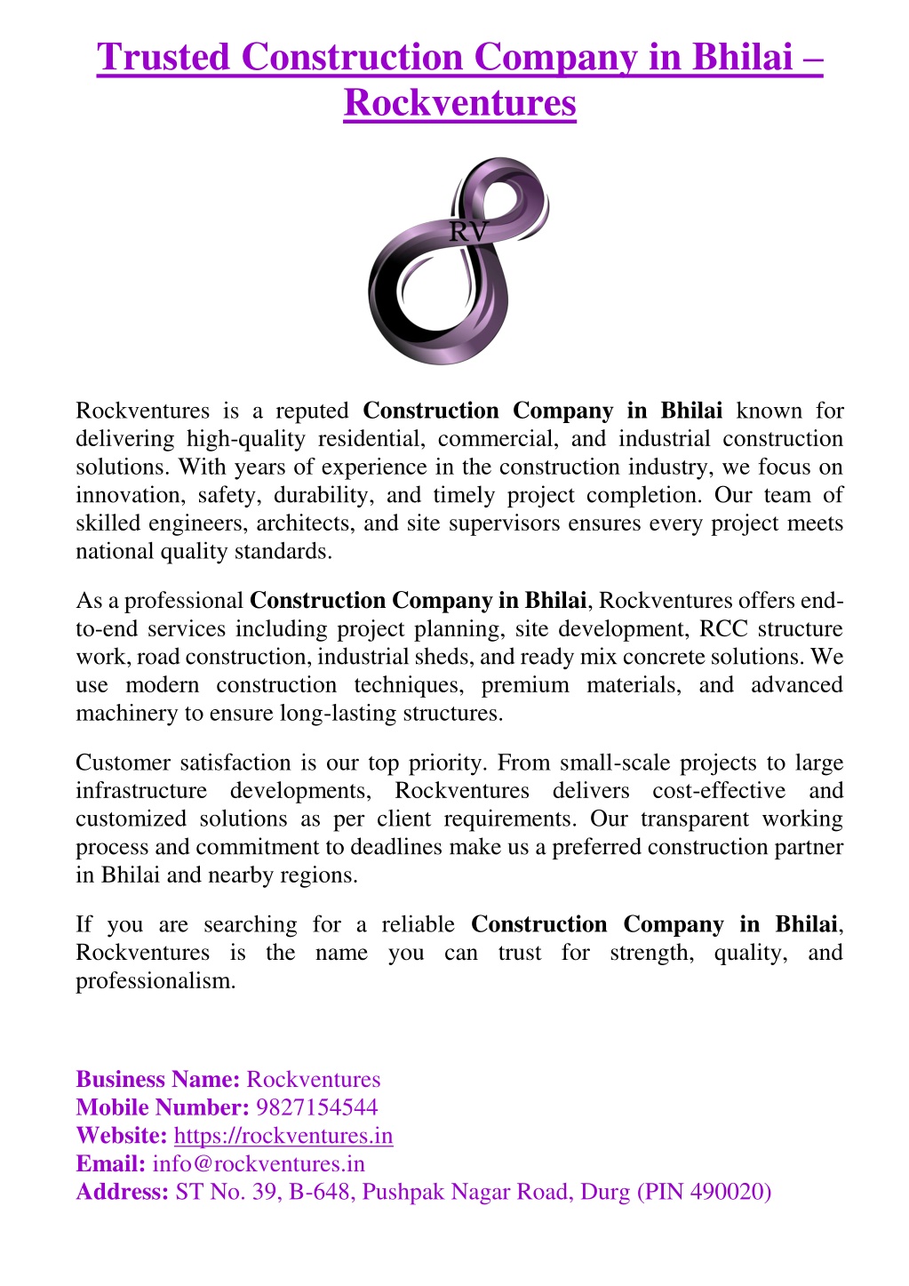 PPT - Trusted Construction Company in Bhilai – Rockventures PowerPoint ...