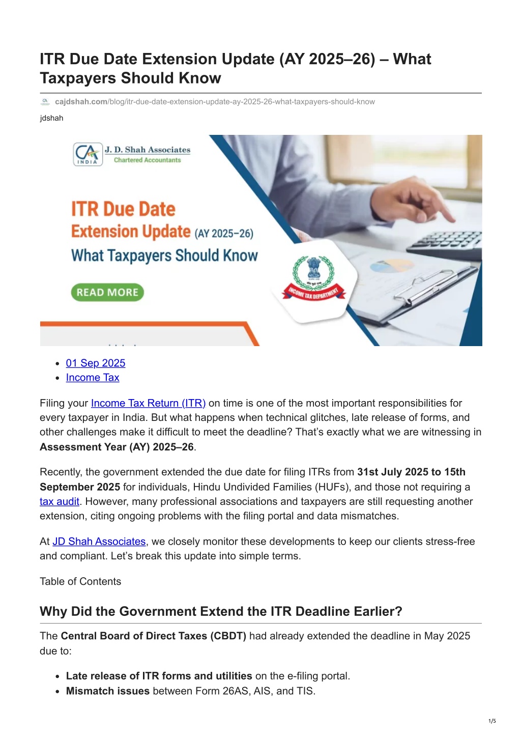 PPT - cajdshah.com-ITR Due Date Extension Update AY 202526 What ...
