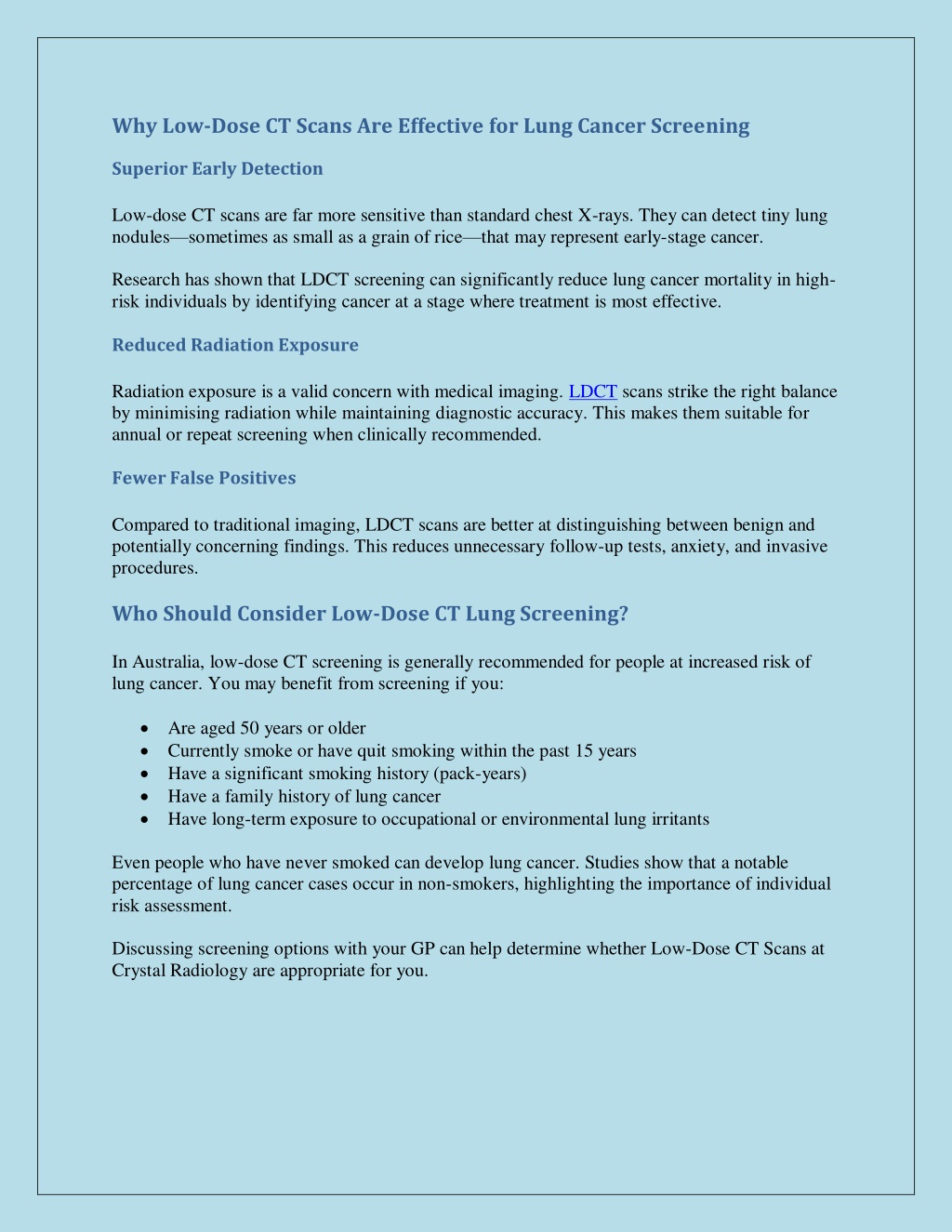 PPT - Low Dose CT Scans for Early Lung Cancer Detection at Crystal ...